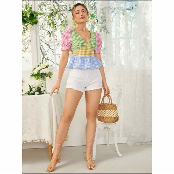SHEIN | Tops | 325 Shein Gingham Puff Sleeve Peplum Top Nwt | Poshmark